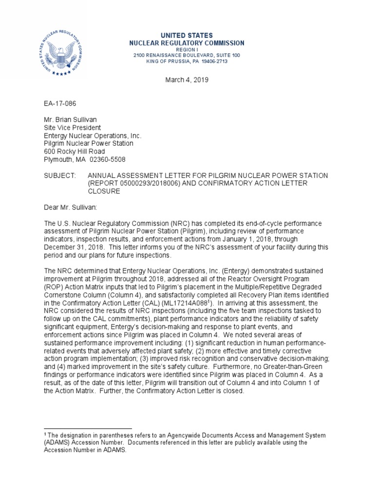 Pilgrim 2018 Annual Assessment Letter | PDF | Nuclear Regulatory ...
