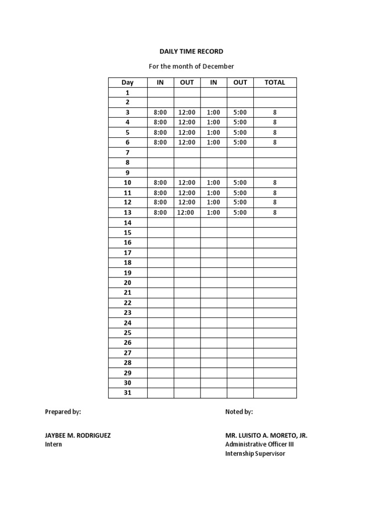 December Daily Time Record Template | PDF