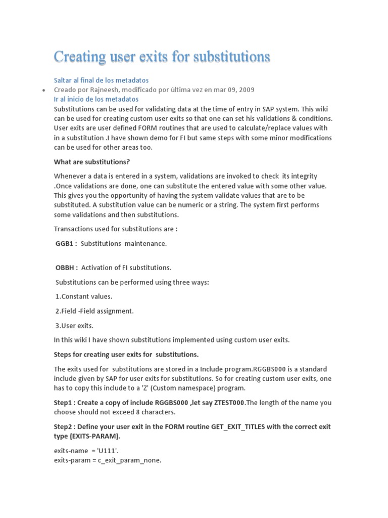 Creating User Exits For Substitutions | PDF | Parameter (Computer Programming) | Computer ...