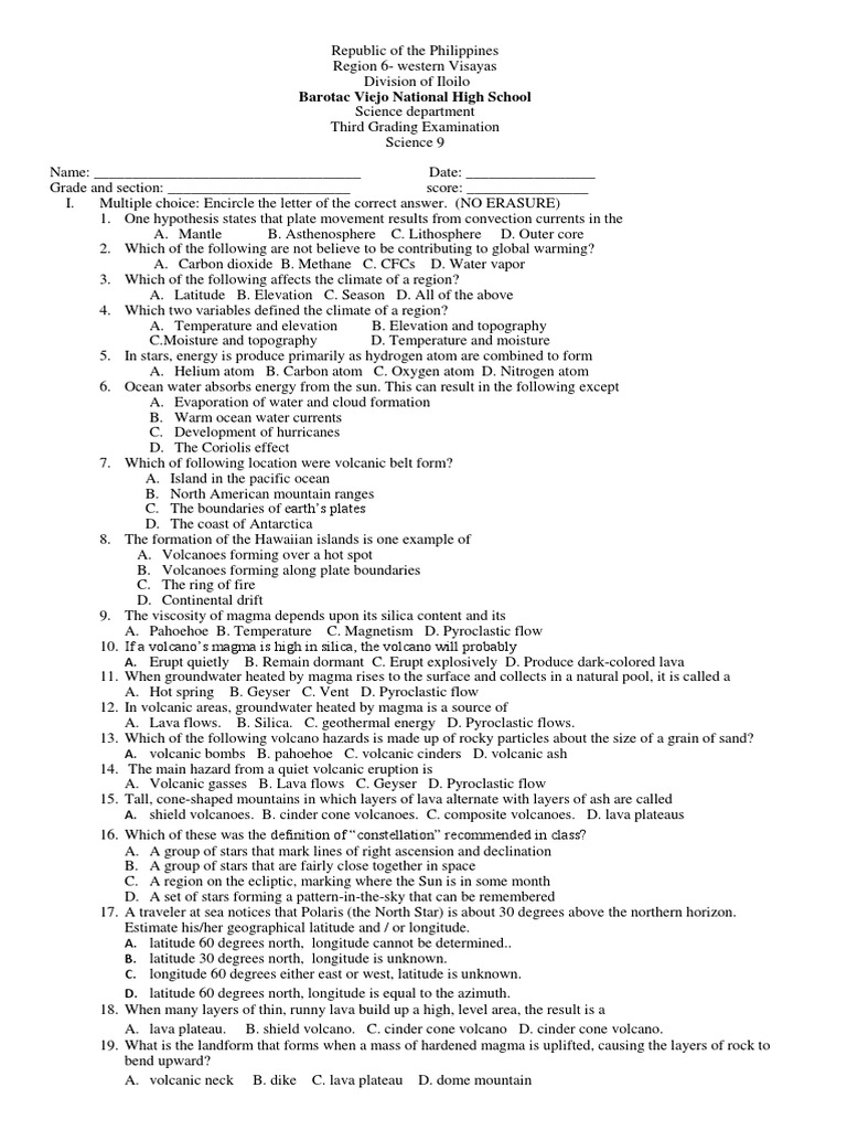 3RD Grading Test | PDF | Volcano | Atmosphere Of Earth