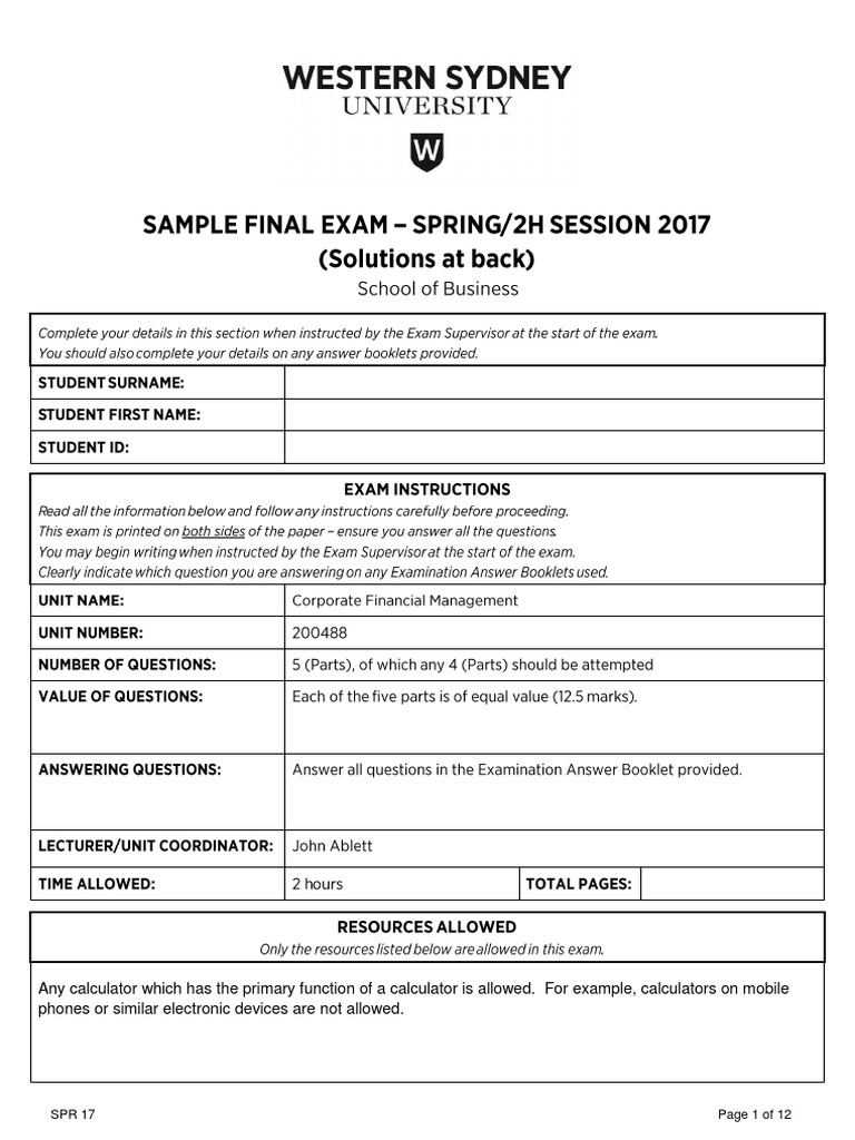 Sample Final Exam Spring 2017 | PDF | Preferred Stock | Cost Of Capital