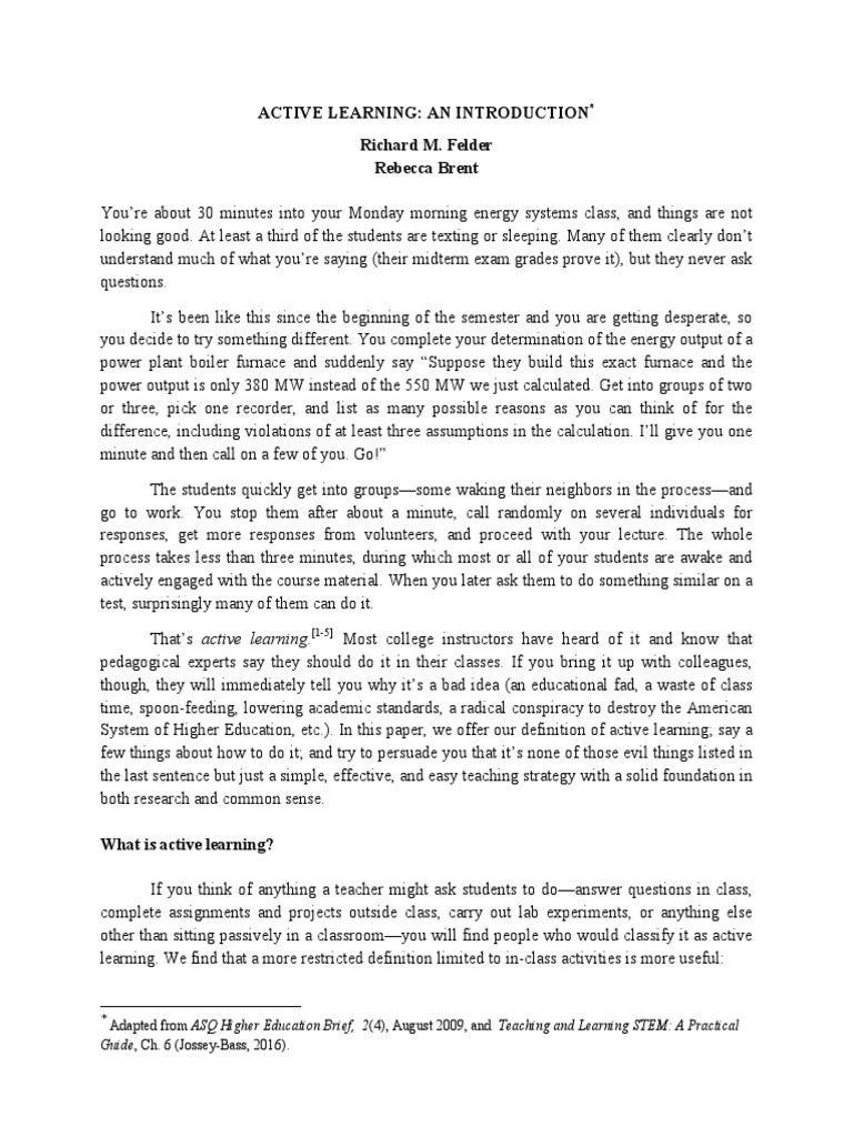 Active Learning: An Introduction Richard M. Felder Rebecca Brent | PDF | Lecture | Question