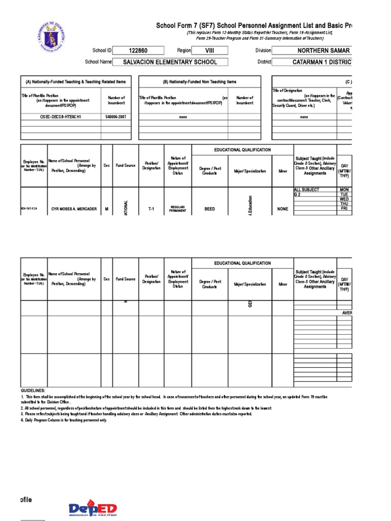 School Form 7 (SF7) School Personnel Assignment List and Basic Profile ...