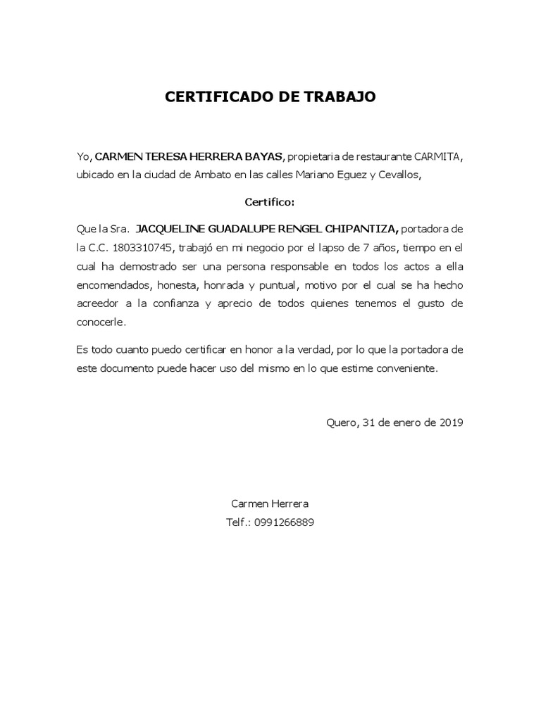 Certificado Laboral de Jacqueline Rengel | PDF