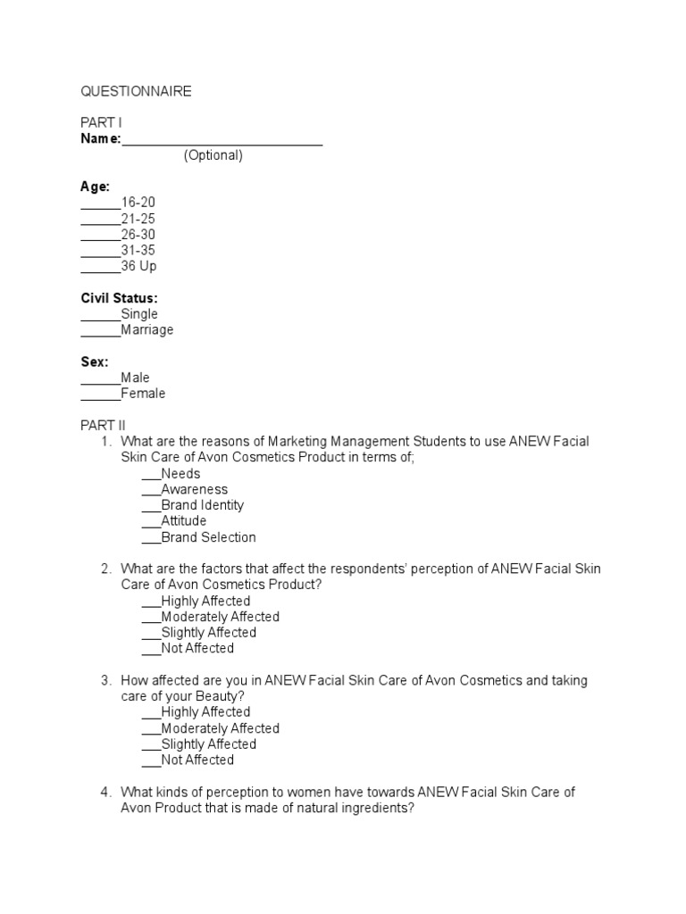 Questionnaire | PDF | Cosmetics | Beauty