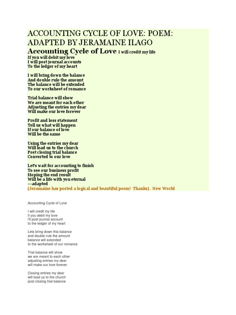 Accounting Cycle of Love | PDF | Debits And Credits | Service Industries