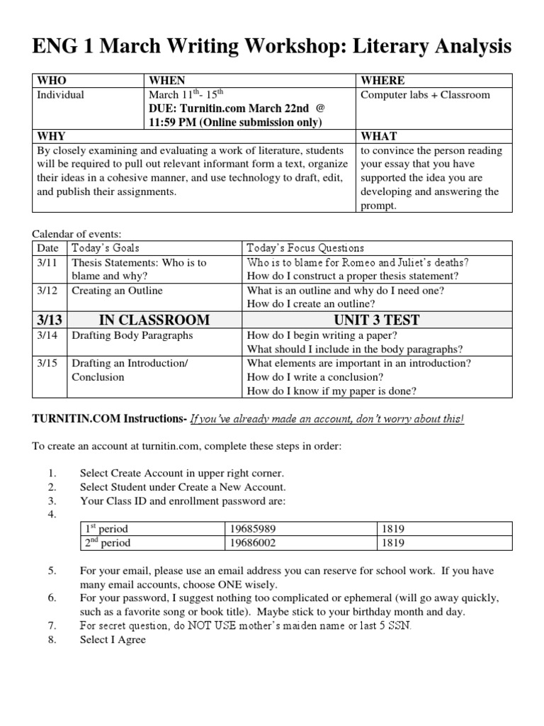 Eng 1 1 March Literary Analysis Writing Workshop | PDF | Essays | Thesis