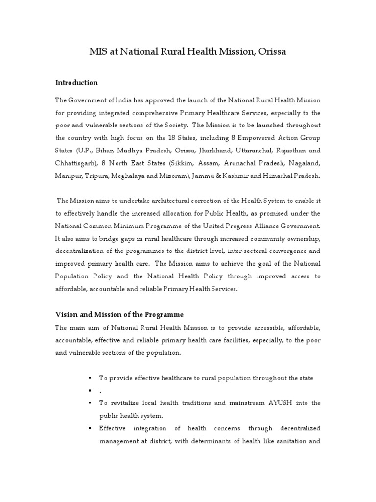 MIS at National Rural Health Mission, Orissa | PDF | Public Health ...