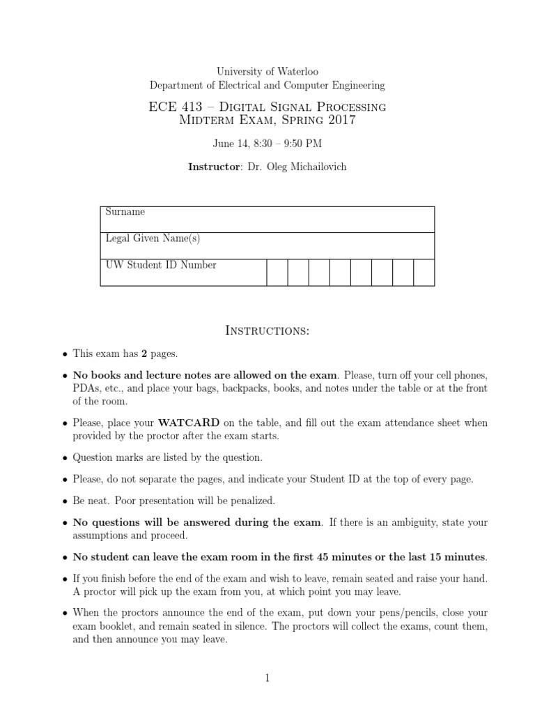 ECE 413 Midterm Exam Solutions | PDF | Sampling (Signal Processing) | Discrete Fourier Transform