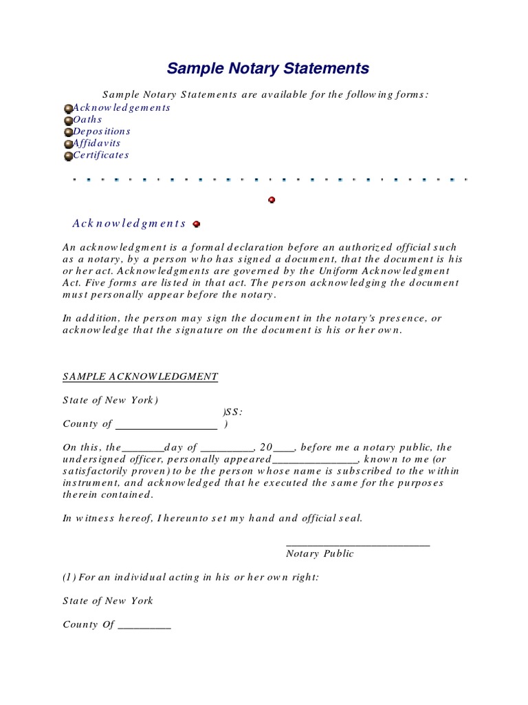 Sample Notary Statements Guide | PDF | Deposition (Law) | Notary Public