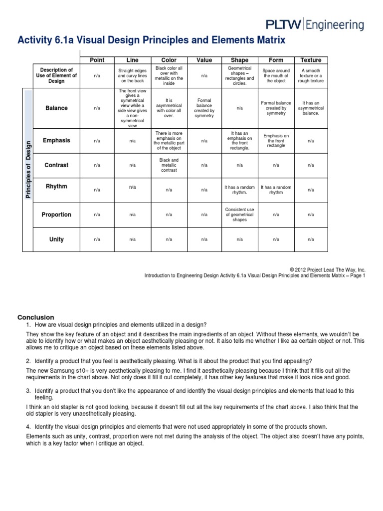 Activity 6.1a Visual Design Principles and Elements Matrix: Point Line Color Value Shape Form ...