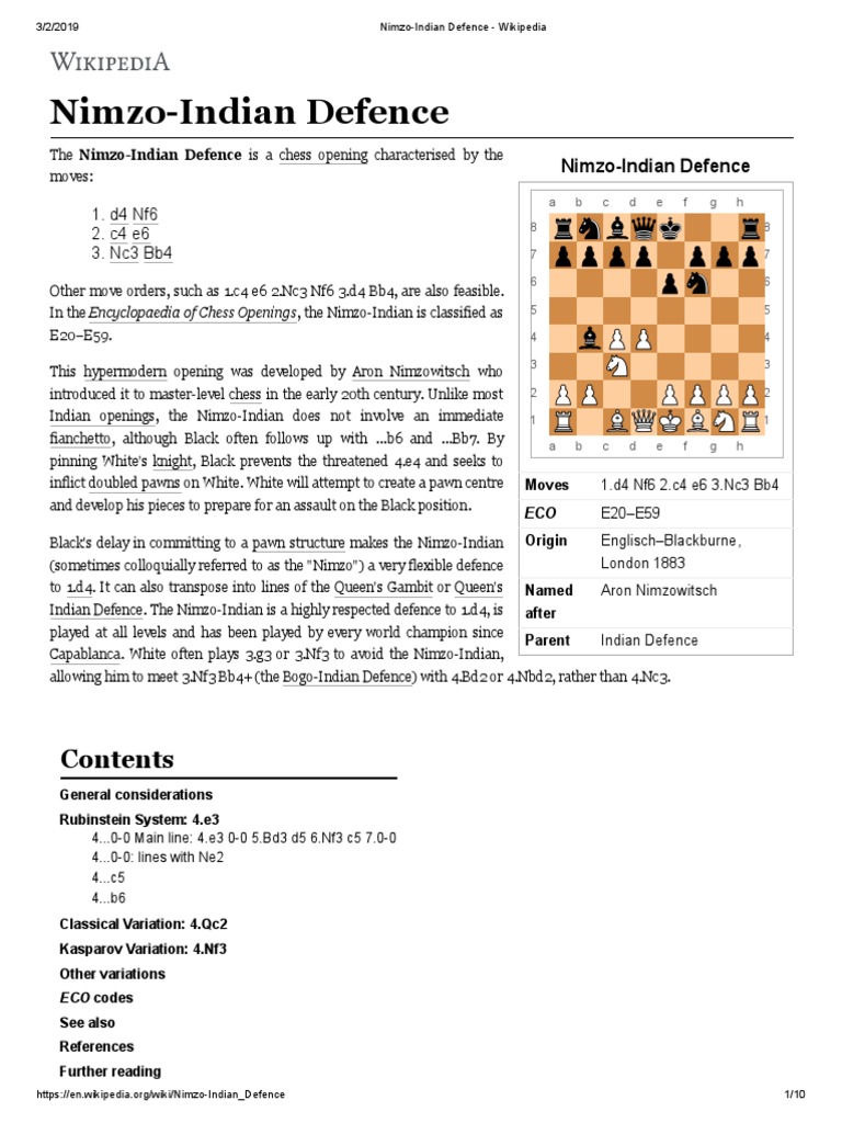 Nimzo-Indian Defence - Wikipedia | PDF | Chess Theory | Chess