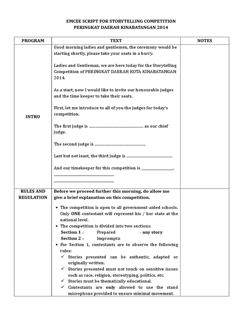 Emcee Script For Storytelling Competition | PDF