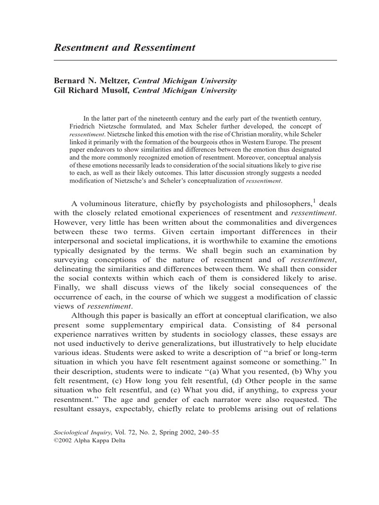Resentment and Ressentiment Bernard N. Meltzer, Central Michigan ...