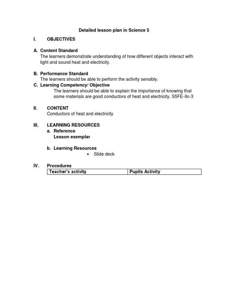 Lesson Plan in Conductors and Insulators | PDF | Lesson Plan | Electrical Conductor