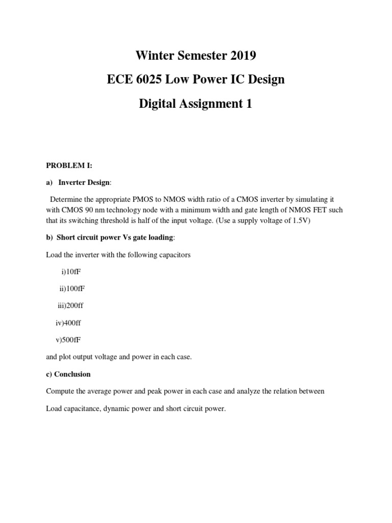Winter Semester 2019 ECE 6025 Low Power IC Design Digital Assignment 1 ...