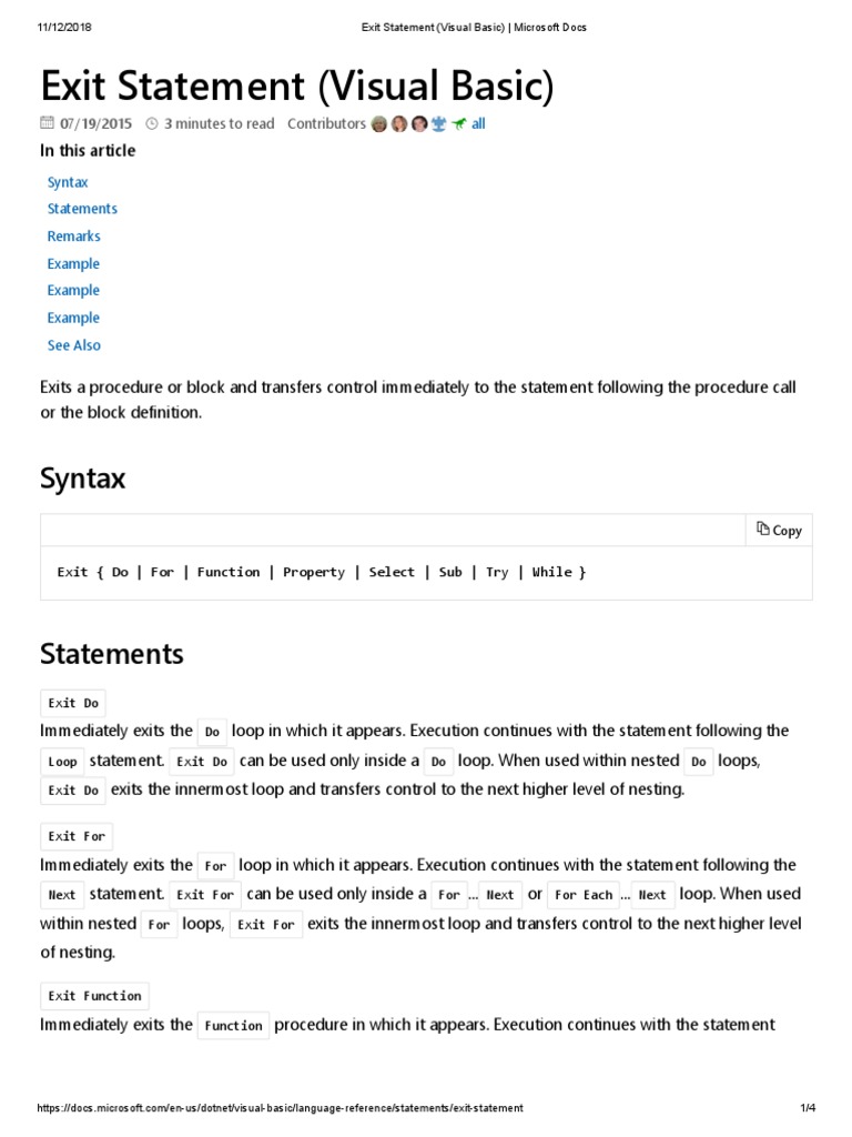 Exit Statement Visual Basic Microsoft Docs Control Flow Subroutine 2225