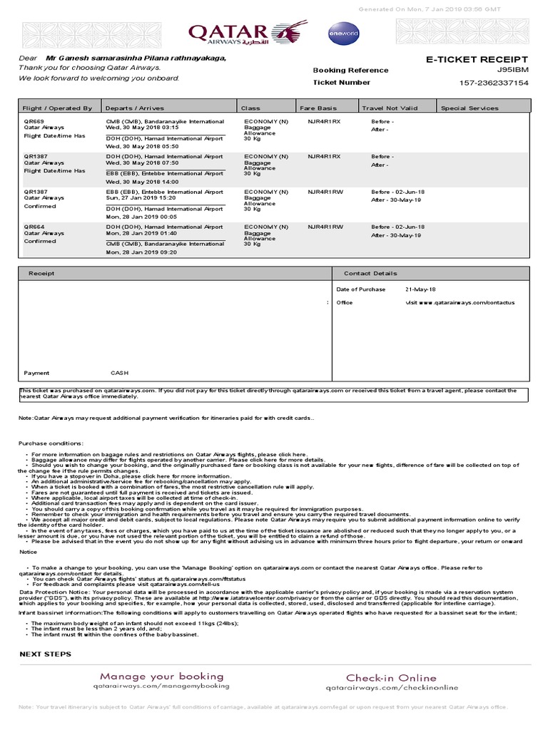 Flight Itinerary and Receipt for Travel from Colombo to Entebbe on ...