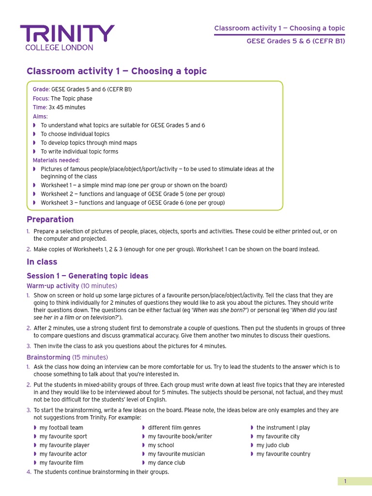Trinity Classroom Activity 1 Grade 5-6 | PDF | Brainstorming | Test ...