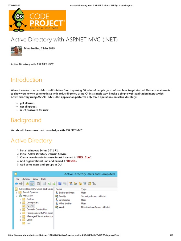 Active Directory With Asp Net Mvc Codeproject Pdf Active Directory System Software
