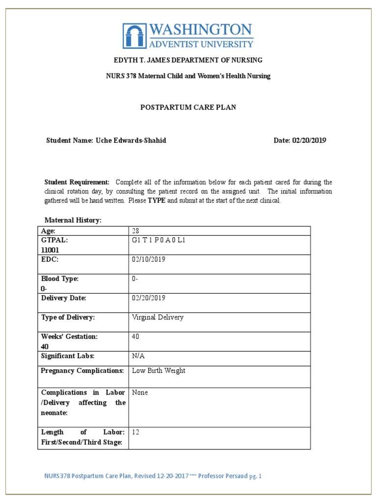 Postpartum Care Plan for Nursing Students | PDF | Postpartum Period ...