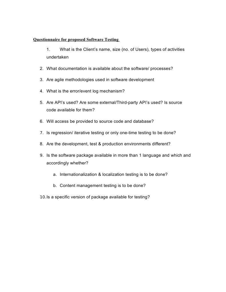Software Testing Questionnaire Template | PDF