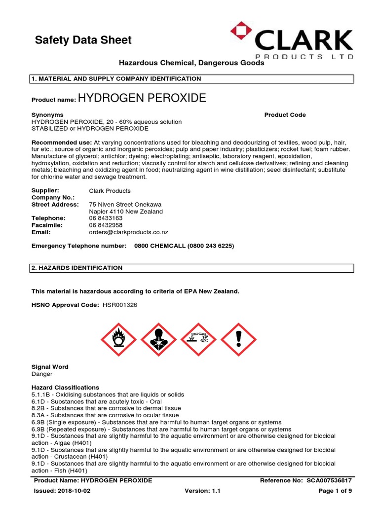 Hydrogen Peroxide: Safety Data Sheet | PDF | Dangerous Goods | Personal ...