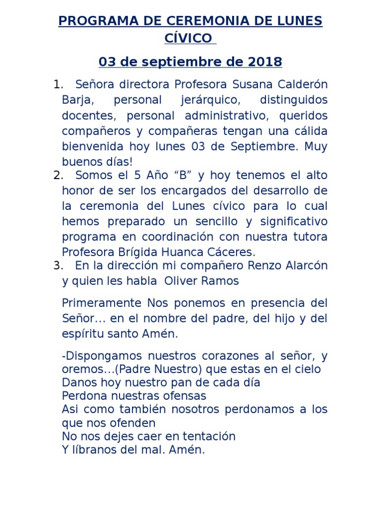 Programa De Ceremonia De Lunes Cívico 03 09 2018 Pdf Perdón María