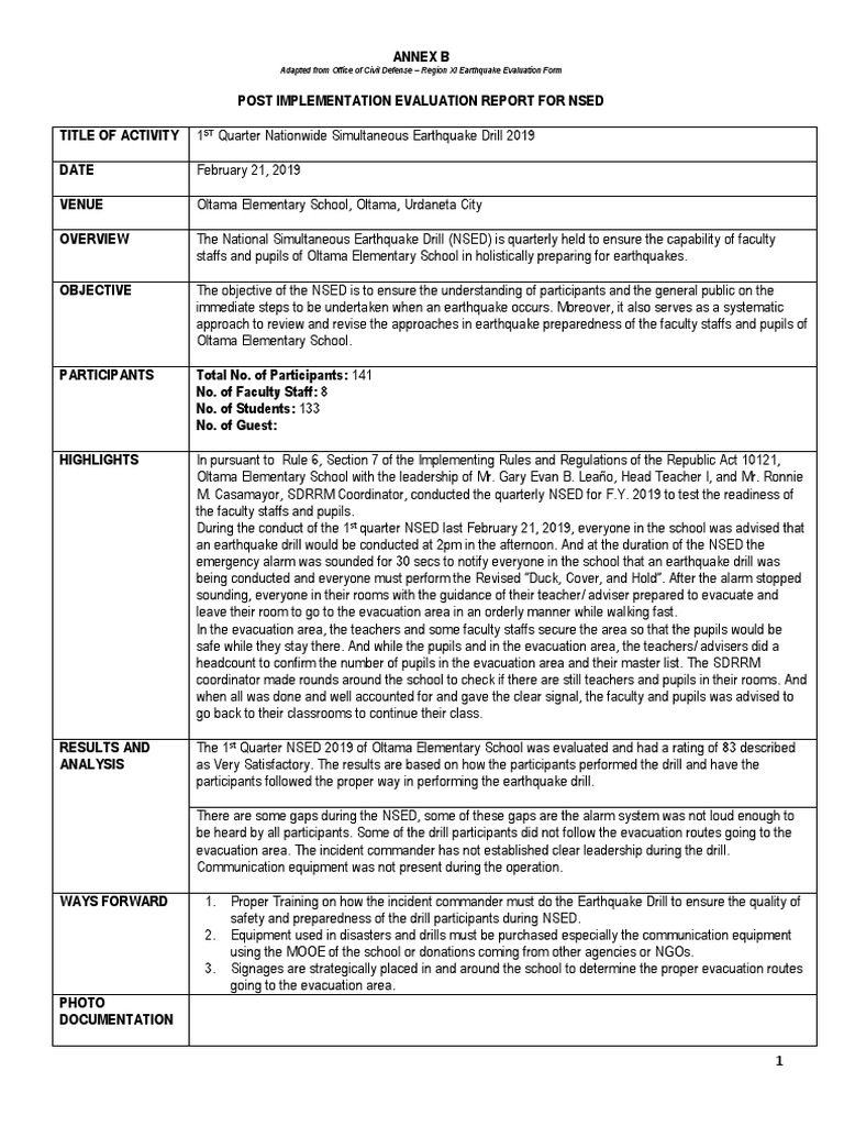 ANNEX B - 1st Quarter Post Implementation Evaluation Report For NSED ...