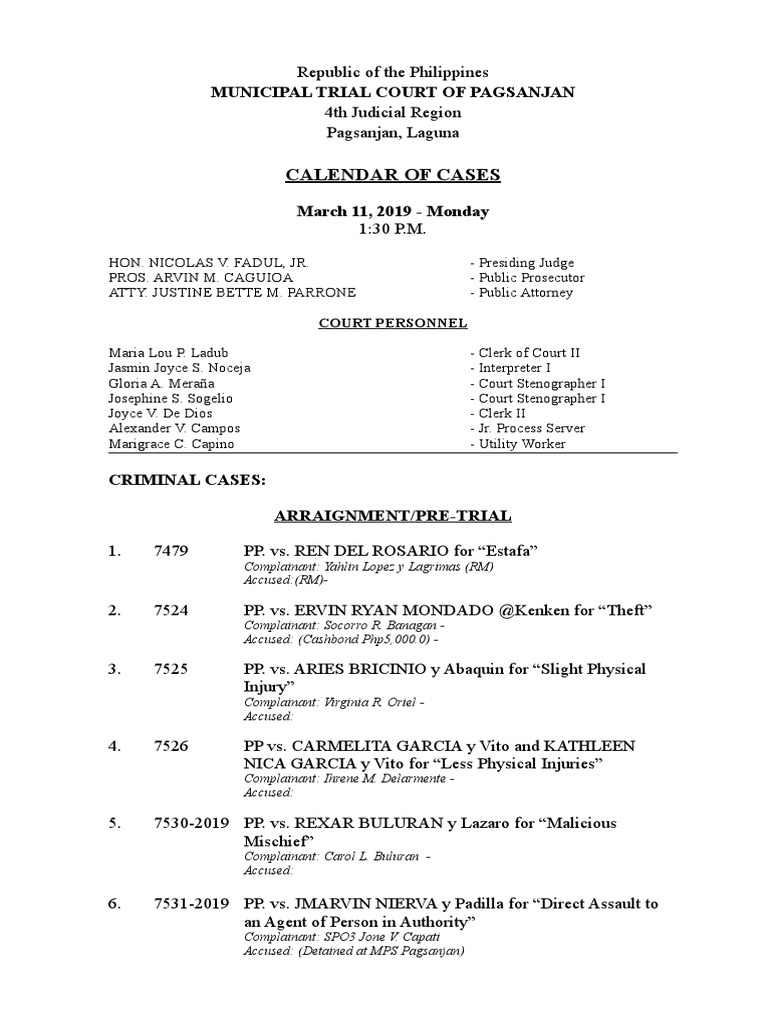 Calendar Criminal Cases March 11, 2019 | PDF | Legal Action ...