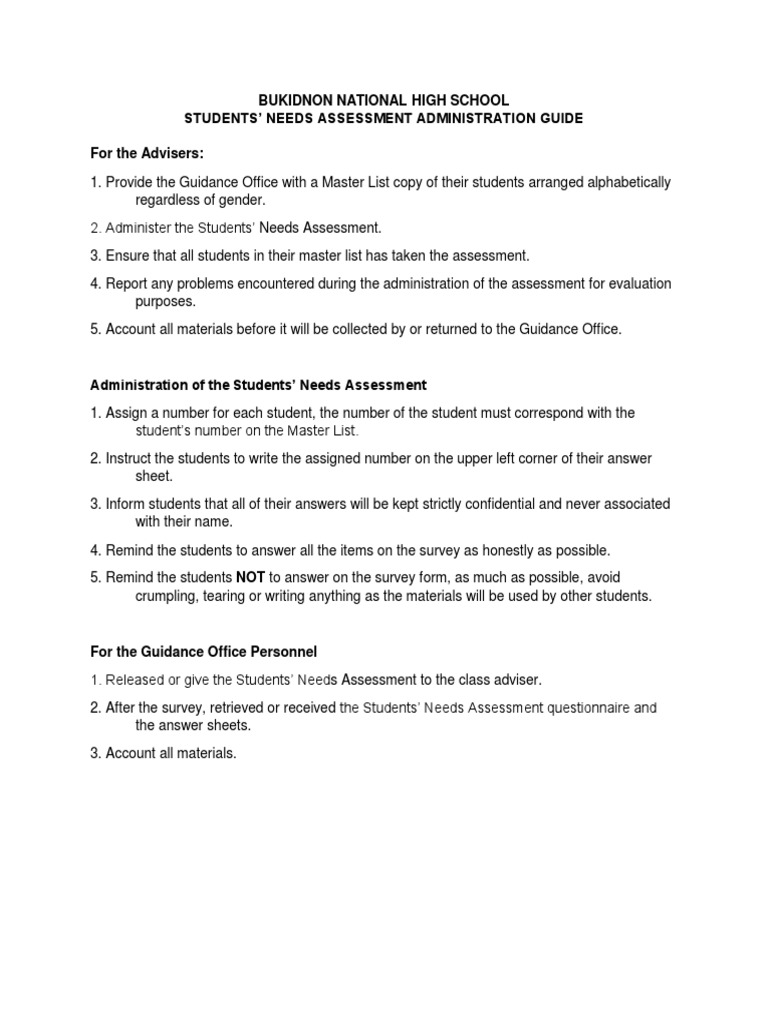 Students' Needs Assessment Instruction - Process | PDF | Self-Improvement