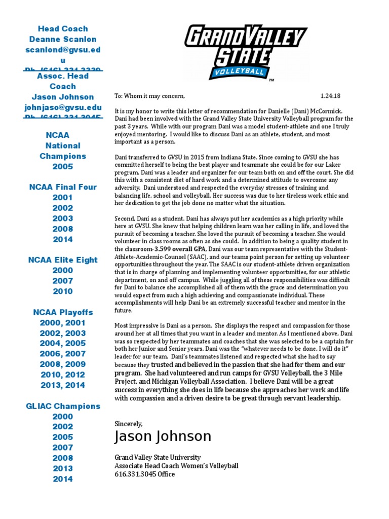 Dani Mccormick Letter of Rec Volleyballletterhead | PDF | Mentorship ...