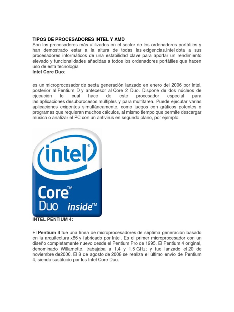 Tipos de Procesadores Intel y | PDF | Intel | Microprocesador