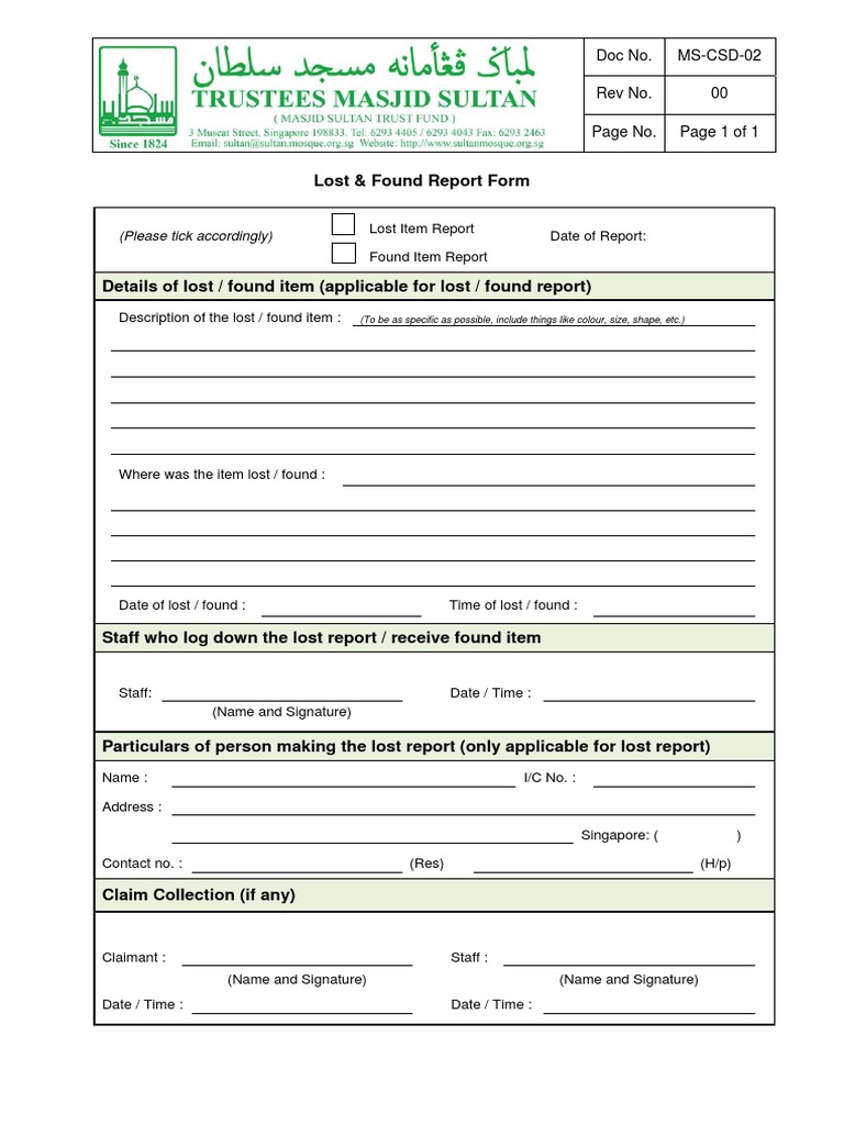 Form MS CSD 02 Lost Found Report Form | PDF | Business
