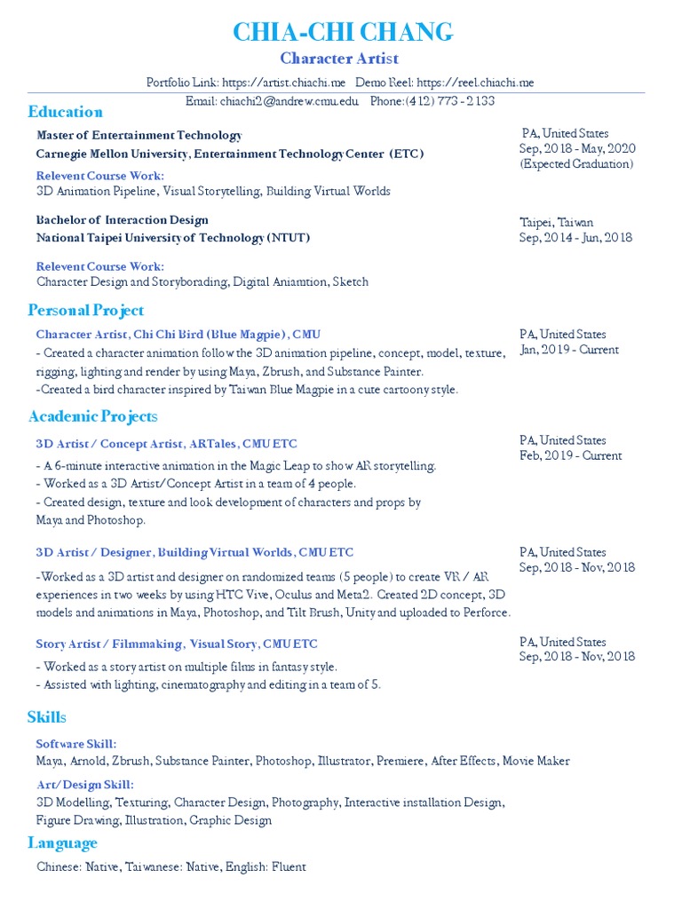 Chiachichang Resume | PDF | 3 D Modeling | Carnegie Mellon University