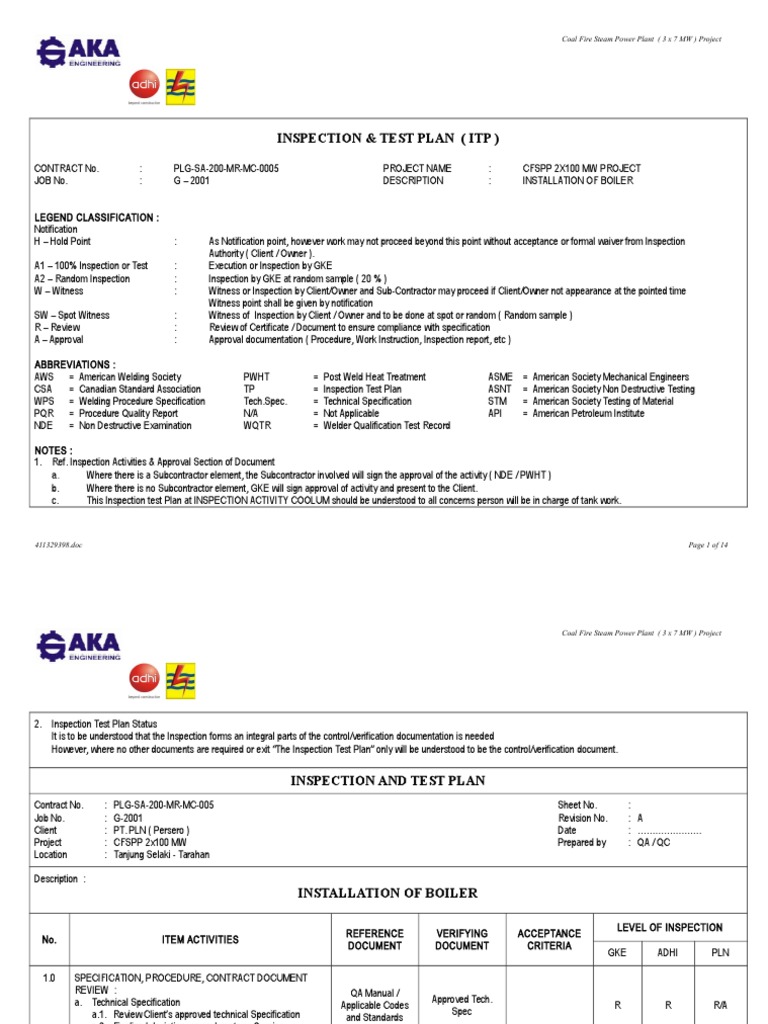 ITP Installation of Boiler - R1 | PDF | Pipe (Fluid Conveyance ...