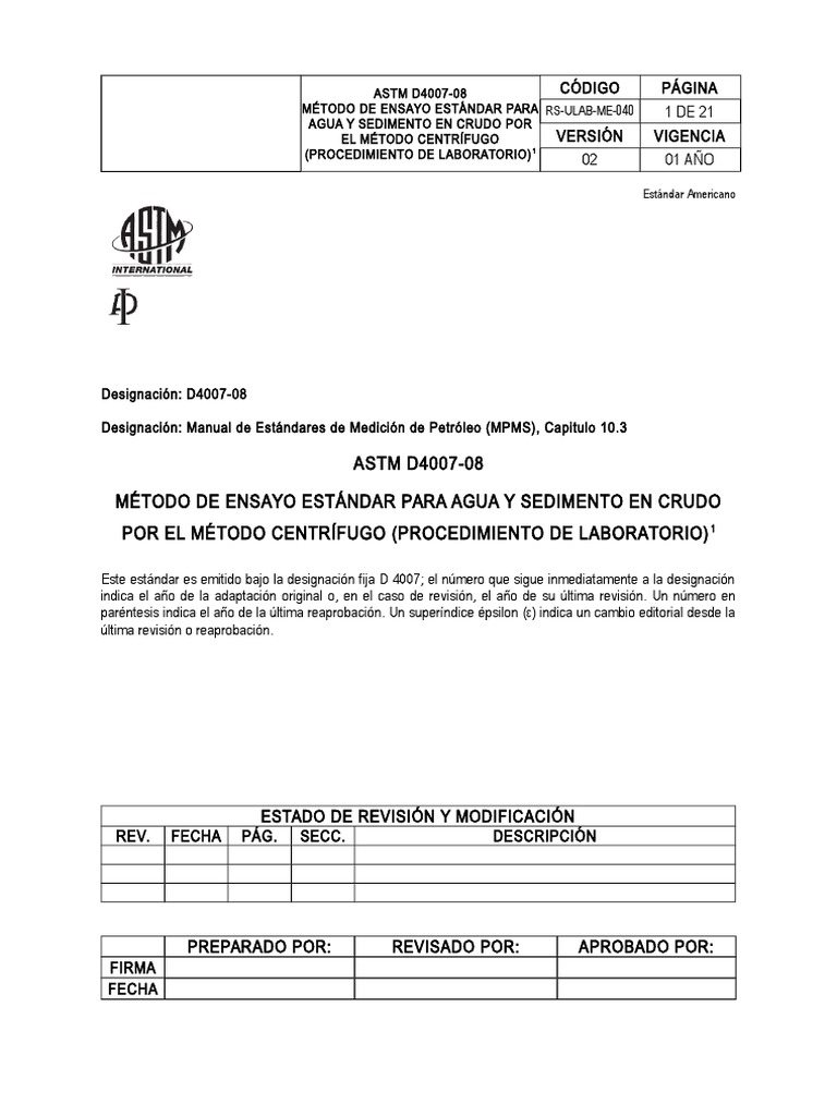ASTM D 4007 (PLAB-028) - BSW Crudos | PDF | Petróleo | Destilación