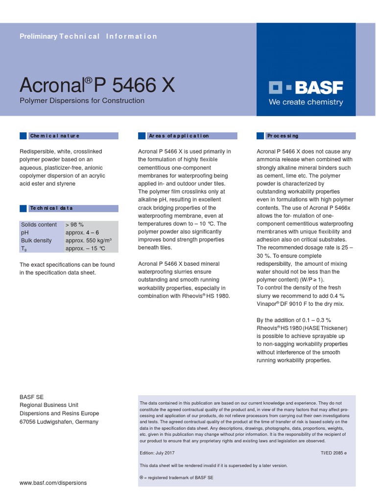 Tds Acronal P 5466 X | PDF | Polymers | Concrete