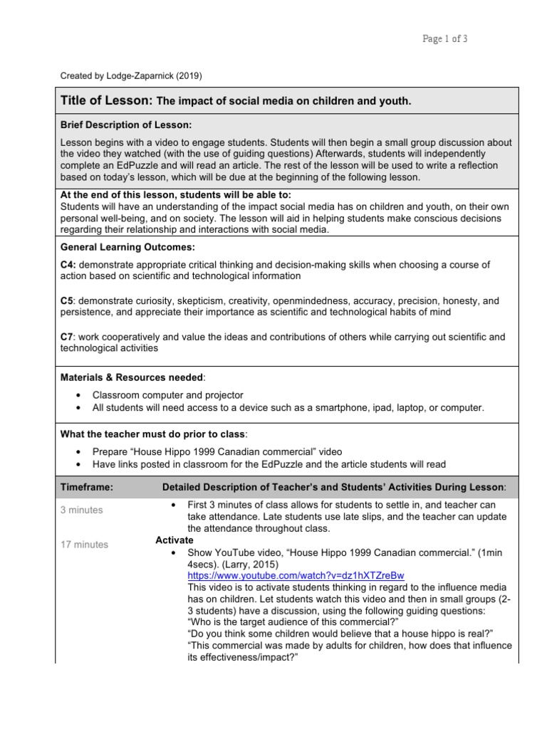 Influence of Social Media On Children Lesson Plan | PDF | Social Media ...