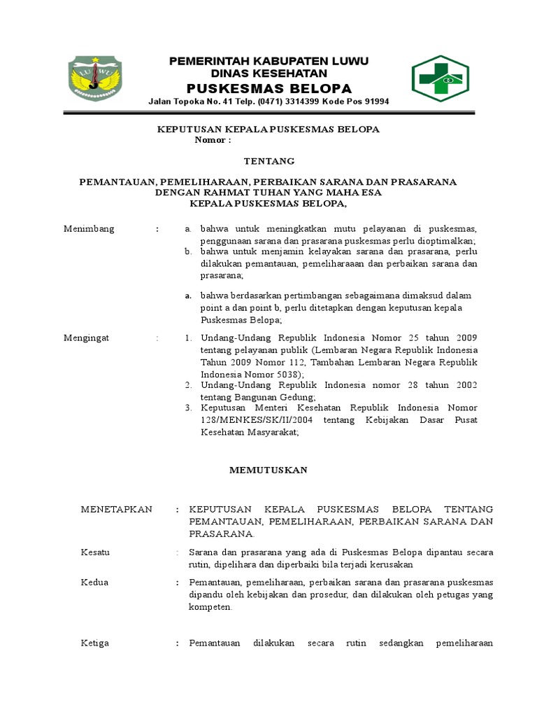 SK Pemantauan Pemeliharaan Perbaikan Sarana Dan Prasarana | PDF