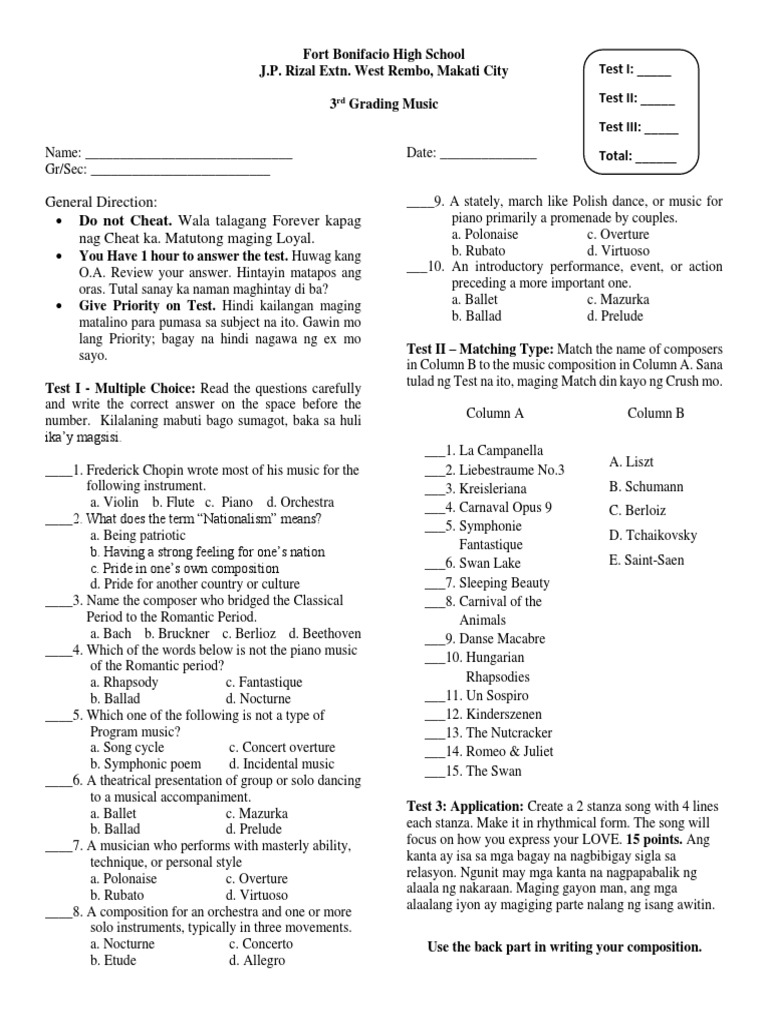 3rd Quarter Quiz in Music | PDF | Romantic Music | Orchestras