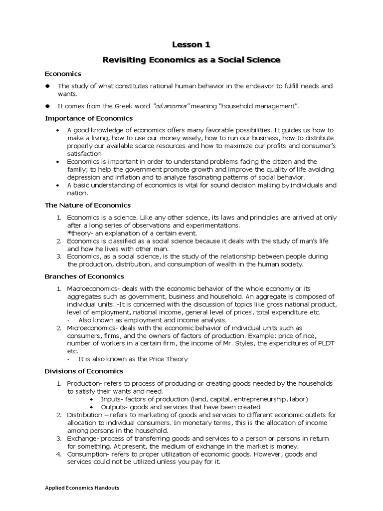Lesson 1 Revisiting Economics As A Social Science | PDF | Factors Of ...