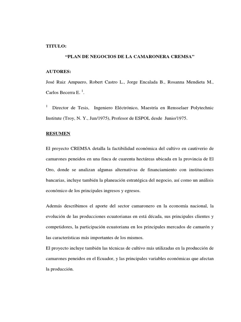 Titulo: "Plan de Negocios de La Camaronera Cremsa" | PDF | Ecuador | Agricultura