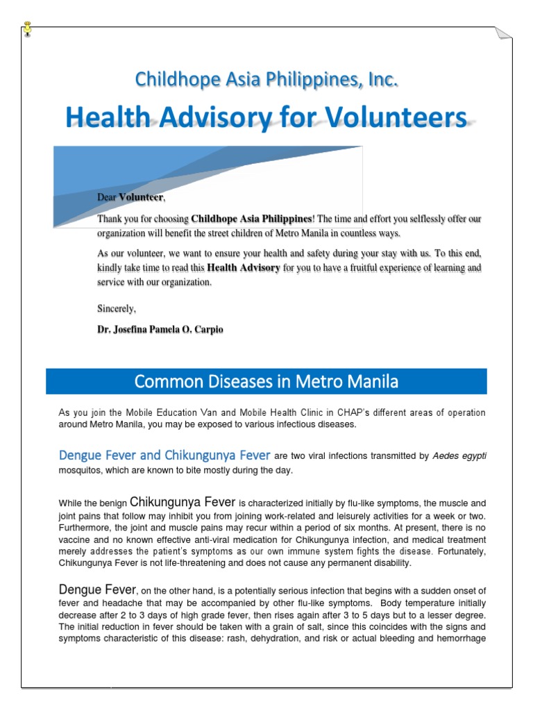 Health Advisory For Volunteers | PDF | Infection | Diarrhea