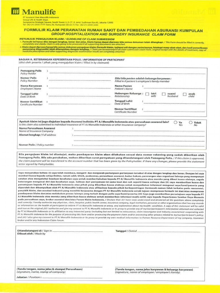 Manulife - Form Claim Rawat Inap | PDF
