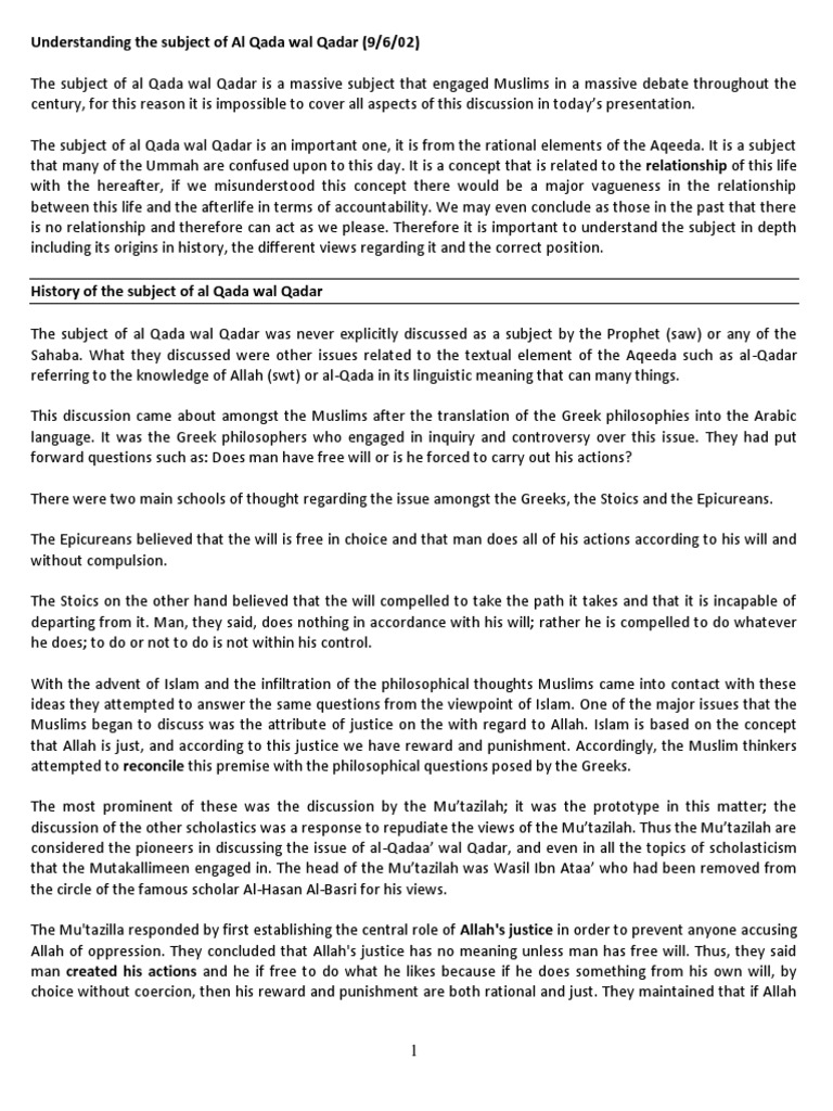 Understanding The Subject of Al Qada Wal Qadar (9/6/02) | PDF | Kafir ...