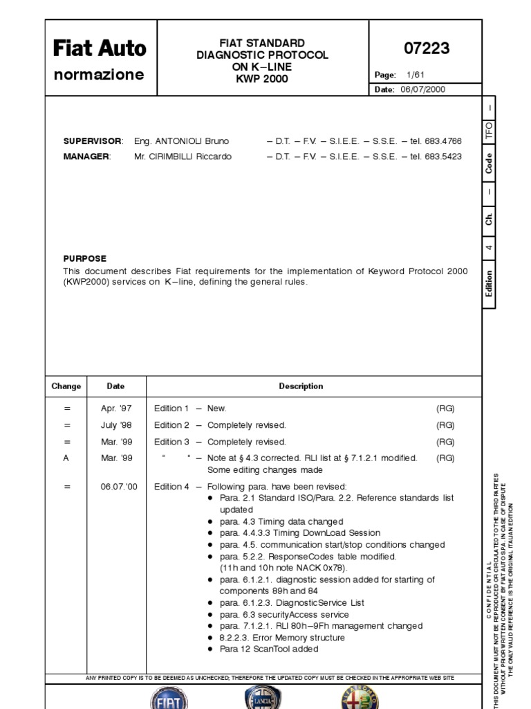 Normazione 07223: Fiat Standard Diagnostic Protocol On K Line KWP 2000 | PDF | Areas Of Computer ...
