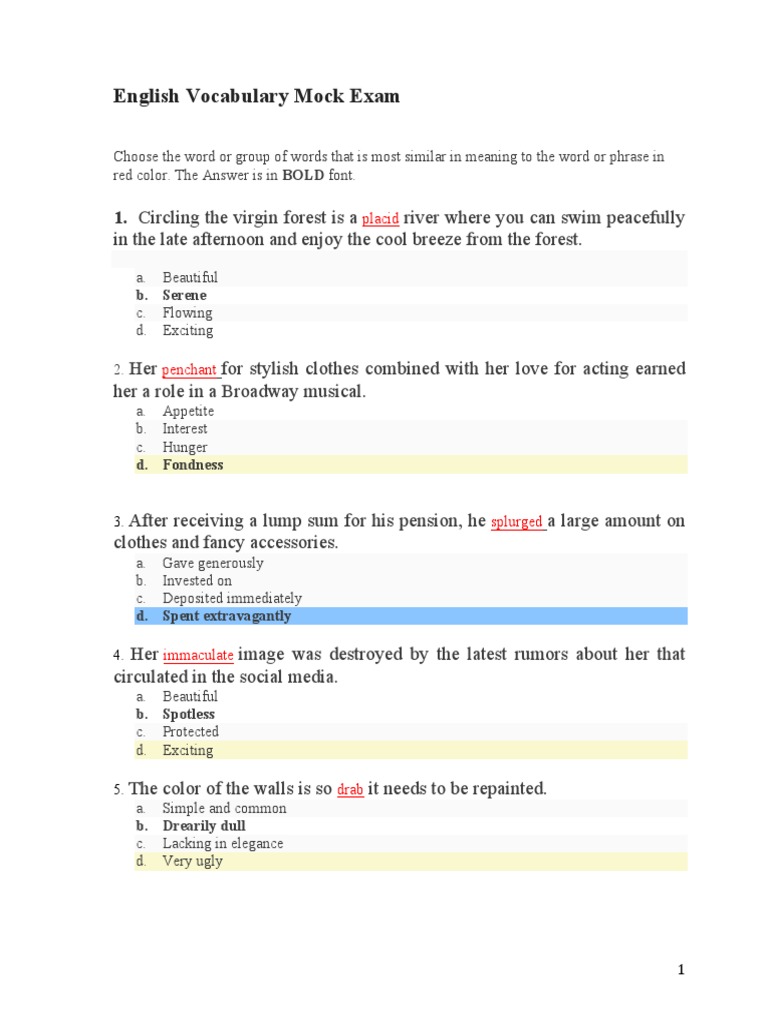 English Vocabulary Mock Exam | PDF