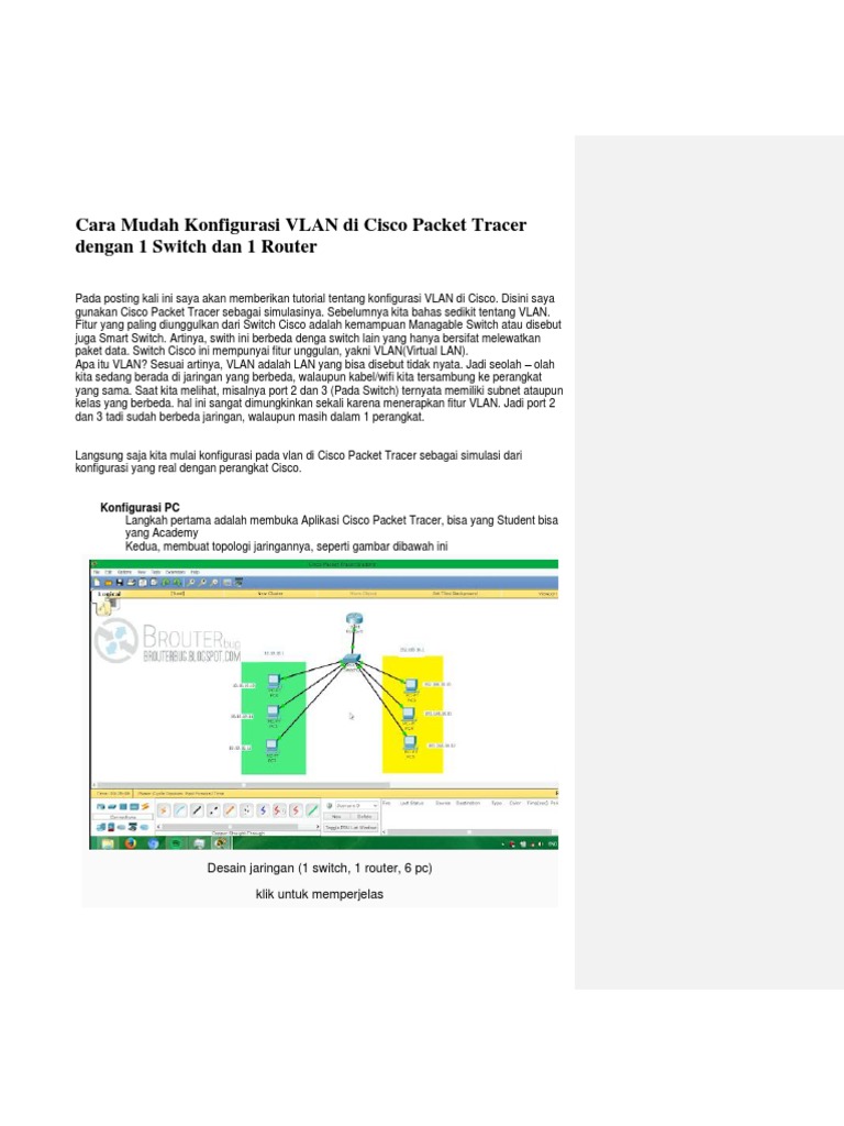 Cara Mudah Konfigurasi VLAN Di Cisco Packet Tracer Dengan 1 Switch Dan 1 Router | PDF
