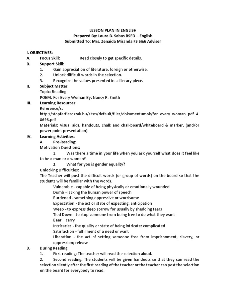 Lesson Plan in English Literature (For Every Woman By: Nancy R. Smith ...